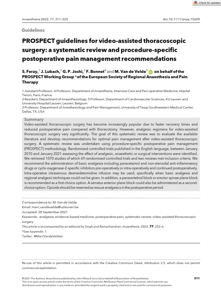 Anaesthesia - 2021 - Feray - PROSPECT Guidelines For Video Assisted Thoracoscopic Surgery A ...