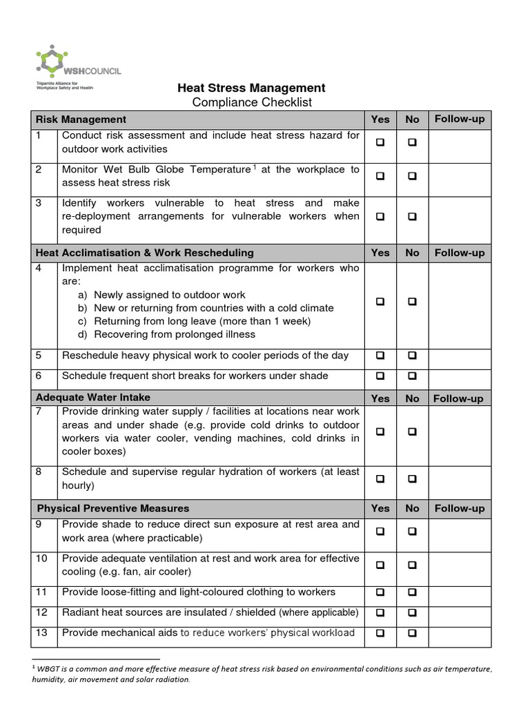 Heat Stress Management Compliance Checklist | PDF | Hyperthermia ...