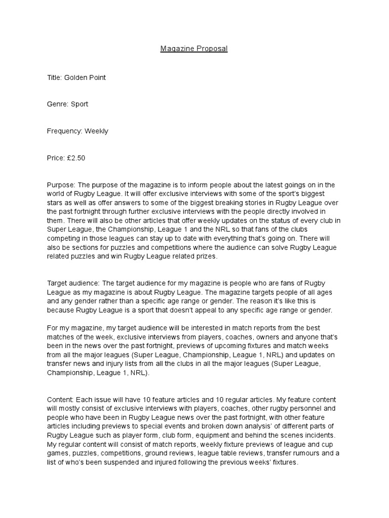 Magazine Proposal | PDF | Sports | Rugby League