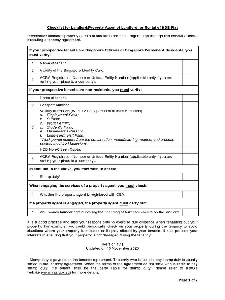 Checklist For Landlord or Property Agent of Landlord For Rental of HDB ...