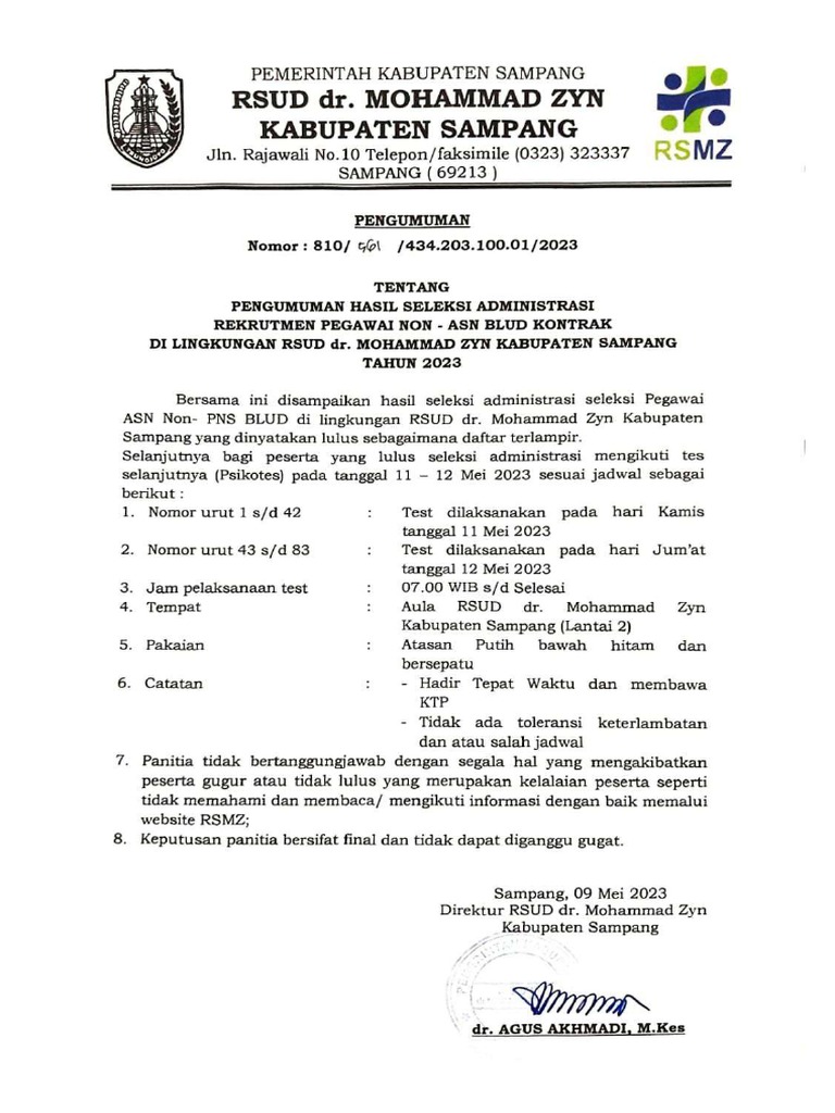 PENGUMUMAN HASIL SELEKSI ADMINISTRASI REKRUTMEN PEGAWAI NON ASN BLUD KONTRAK DI LINGKUNGAN RSUD ...