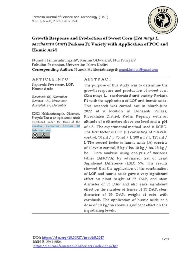 Growth Response and Production of Sweet Corn (Zea Mays L. Humic Acid ...