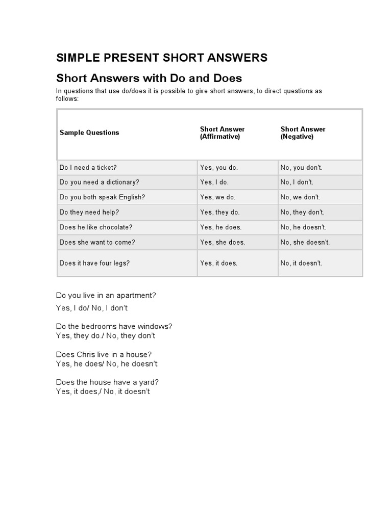 Simple Present Short Answers | PDF | Language Arts & Discipline