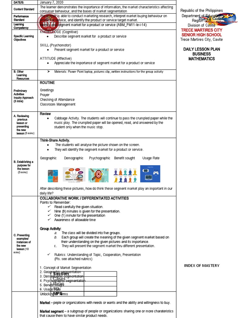 Daily Lesson Plan: Market Segmentation | PDF | Career & Growth | Art