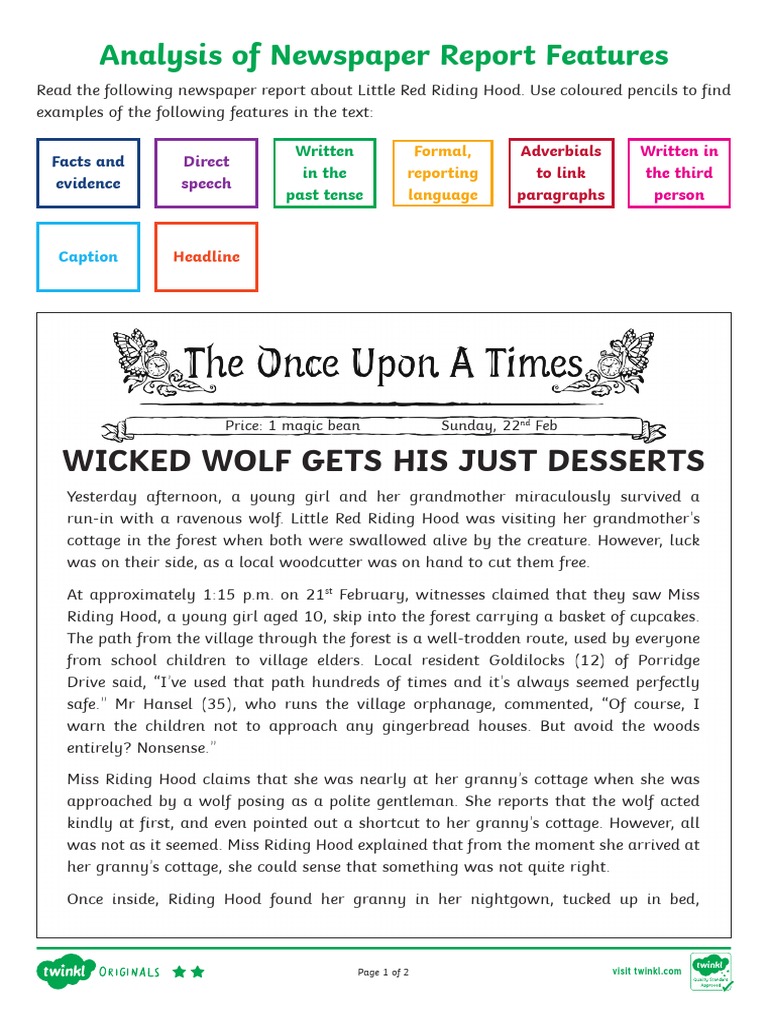 Features of A Newspaper Report Differentiated Activity Sheets - Ver - 2 ...
