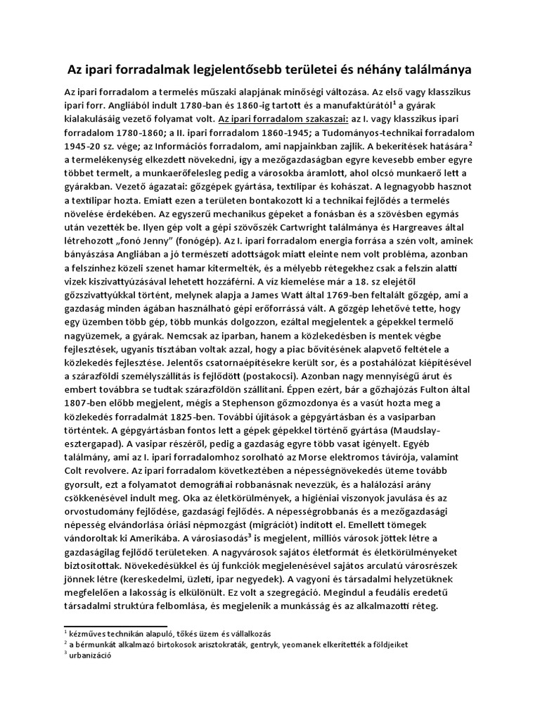 Az Ipari Forradalmak Legjelentősebb Területei És Néhány Találmánya | PDF