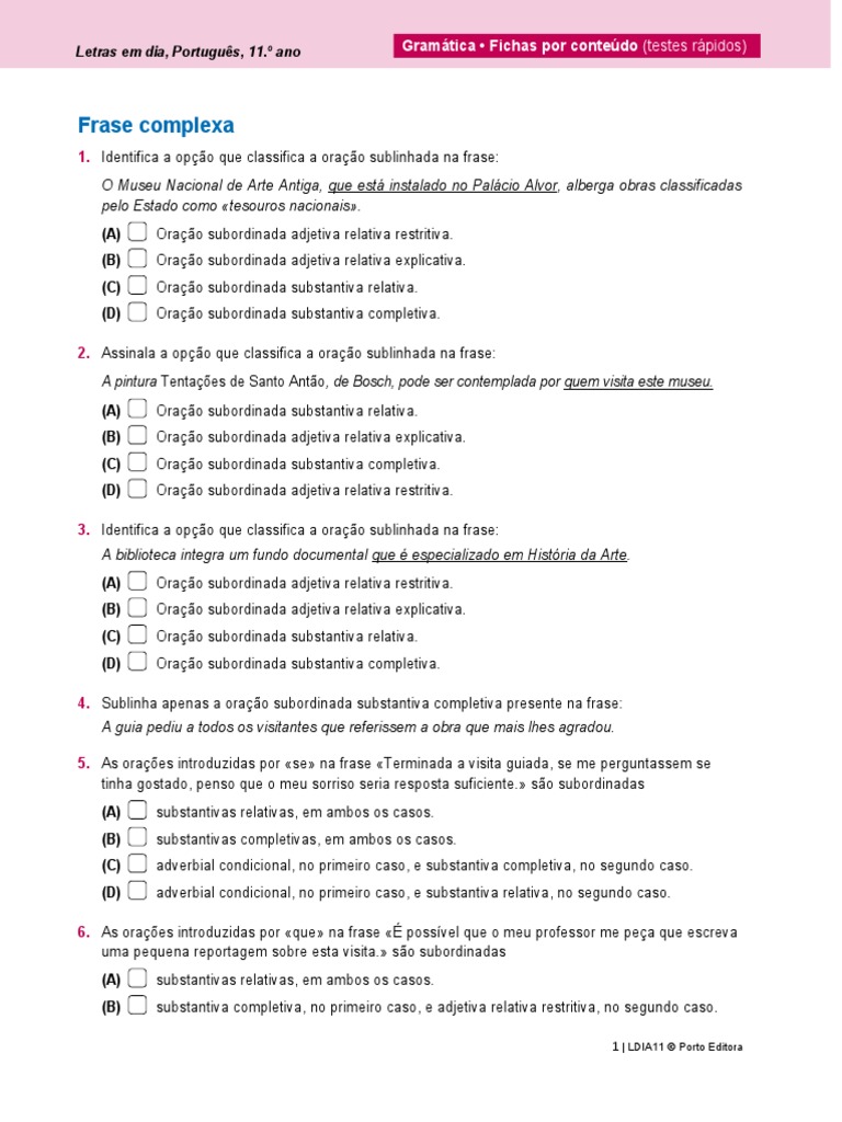 Ldia11 Gramatica Frase Complexa 2 | PDF | Assunto (gramática) | Adjetivo