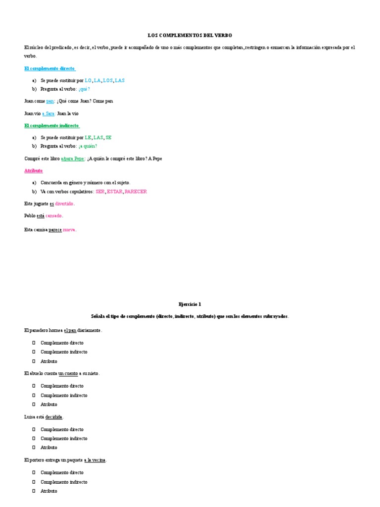 Complementos del Verbo: Tipos y Ejemplos | PDF | Verbo | Lingüística