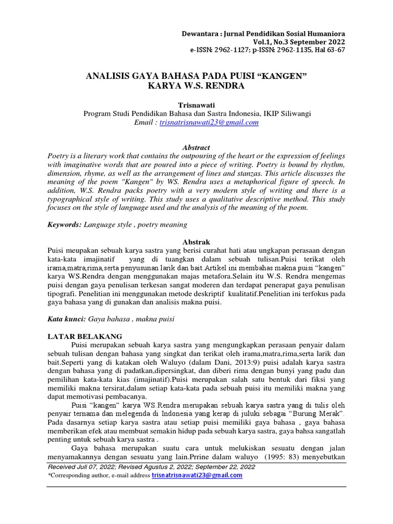 Analisis Gaya Bahasa Pada Puisi "Kangen" Karya W.S. Rendra: Trisnawati | PDF