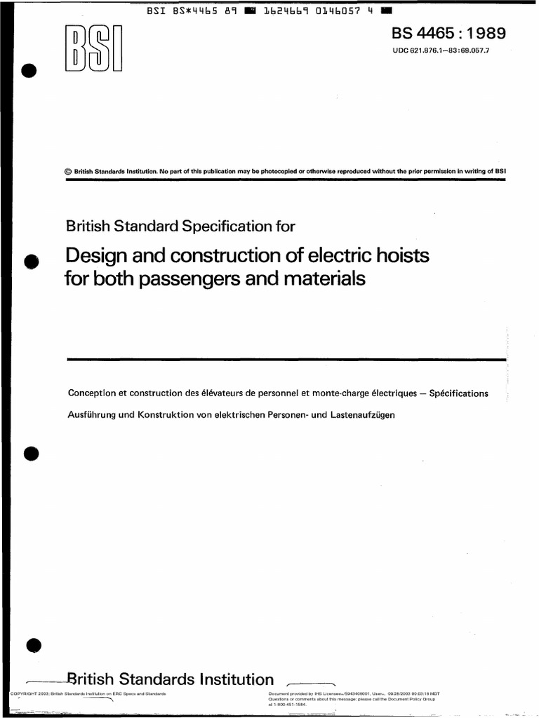 BS 4465 (1989) Passenger & Material Hoist | PDF