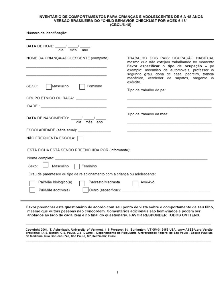 INVENTÁRIO DE COMPORTAMENTOS PARA CRIANÇAS E ADOLESCENTES DE 6 A 18 ...