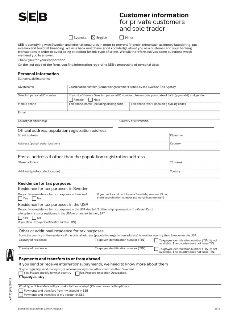 SEB - Customer - Information - Form - NiS - 1.6 | PDF