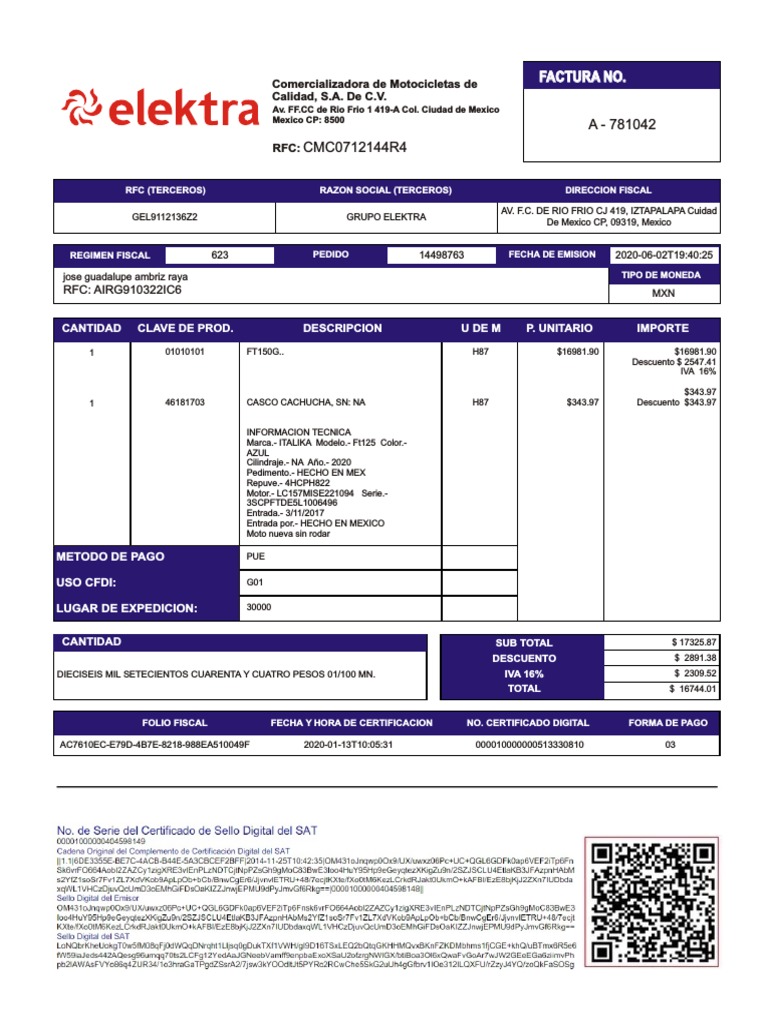 Italika Elektra Factura 1 | PDF