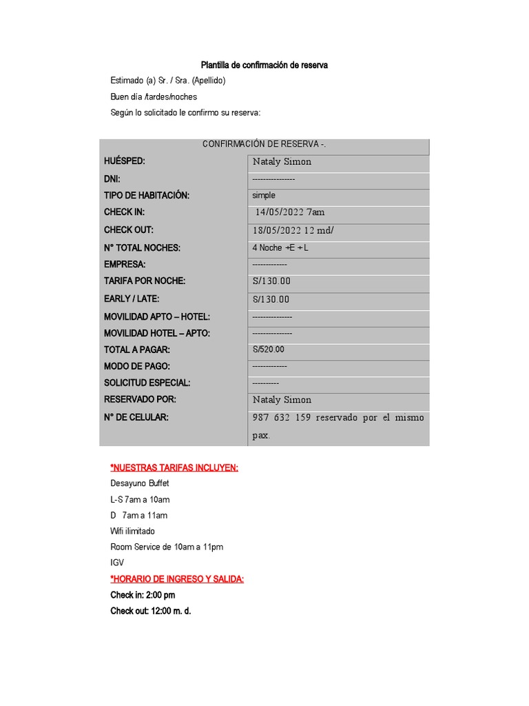 Plantilla de Confirmación de Reserva | PDF