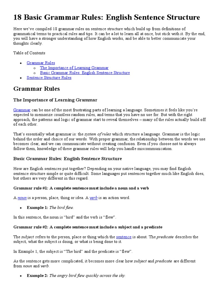 18 Basic Grammar Rules English Sentence Structure | PDF | Subject (Grammar) | Clause