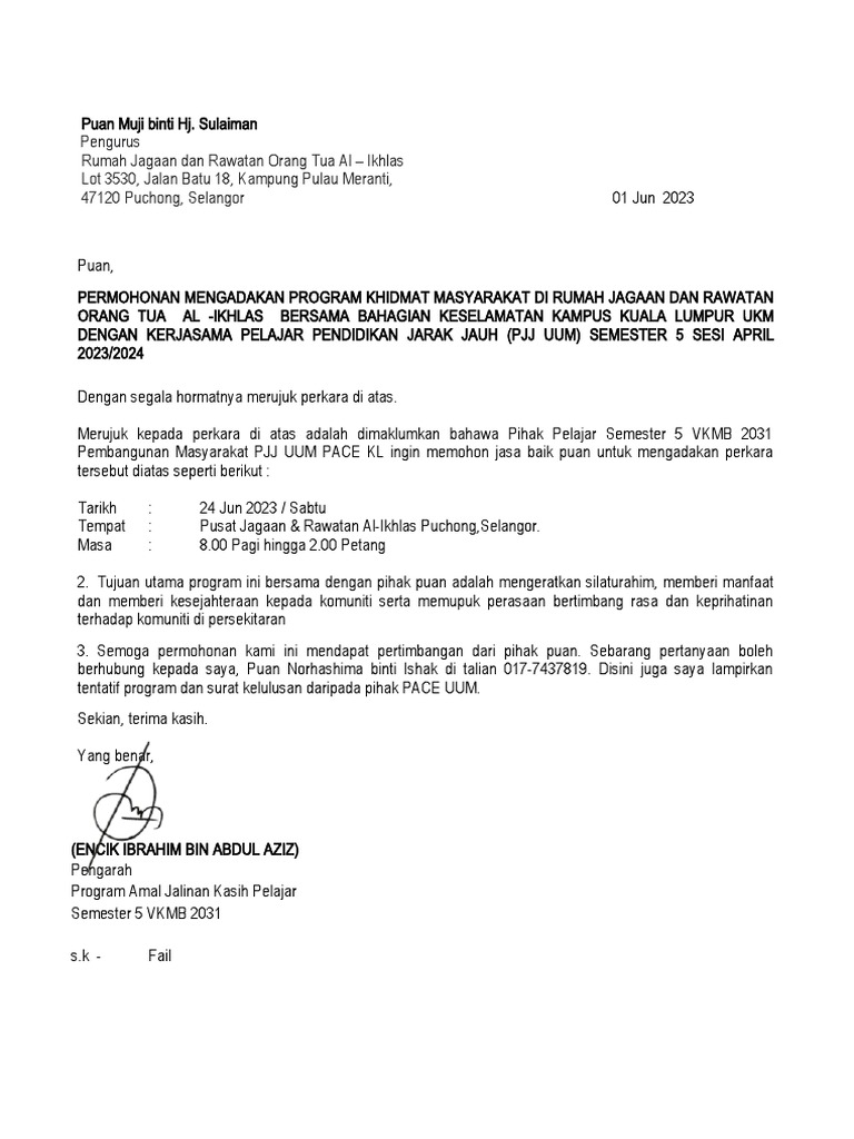 Surat Permohonan Mengadakan Program KPD Pengerusi Rumah Jagaan Org Tua ...