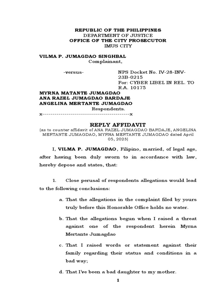 Cyber Libel Case: Reply Affidavit | PDF | Defamation | Affidavit