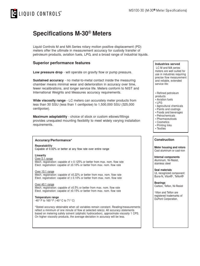 Specifications M-30 Meters: Superior Performance Features | PDF | Flow ...