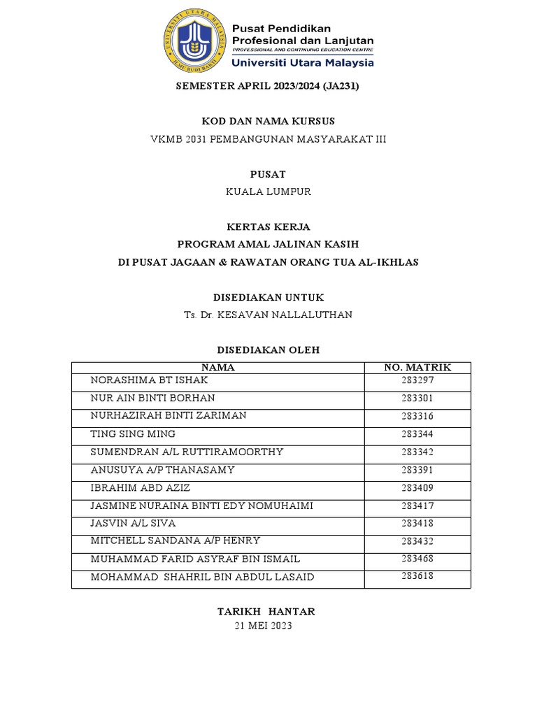 Kertas Kerja Program Amal Jalinan Kasih Di Pusat Jagaan Dan Rawatan Orang Tua Al-Ikhlas, Puchong ...