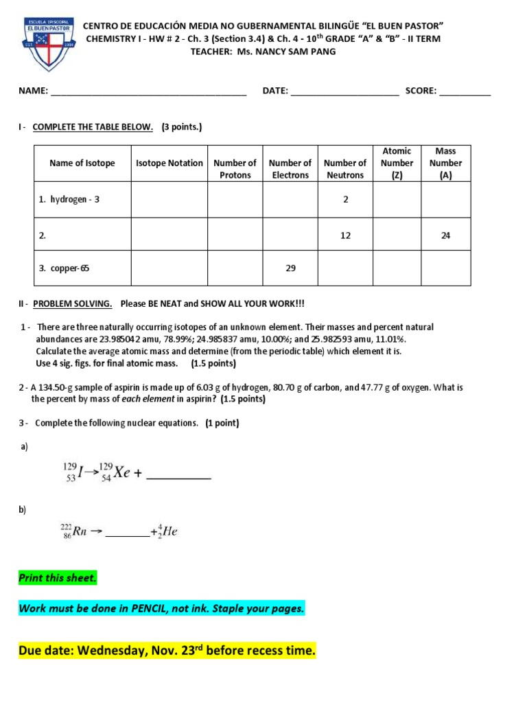 CHEMISTRY HW # 2 - Ch. 3 & 4 - 10th GRADE - II TERM - NOV'22 | PDF CHEMISTRY HW # 2 - Ch. 3 & 4 - 10th GRADE - II TERM - NOV'22 | PDF