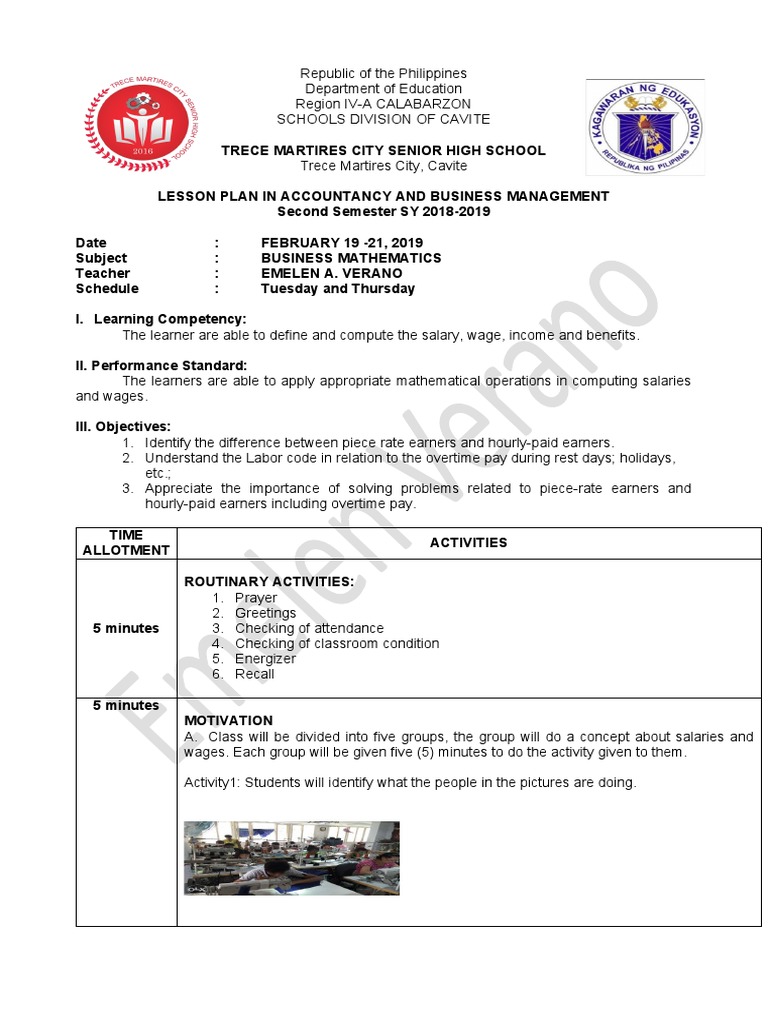 Business Math - Daily Lesson Plan | PDF