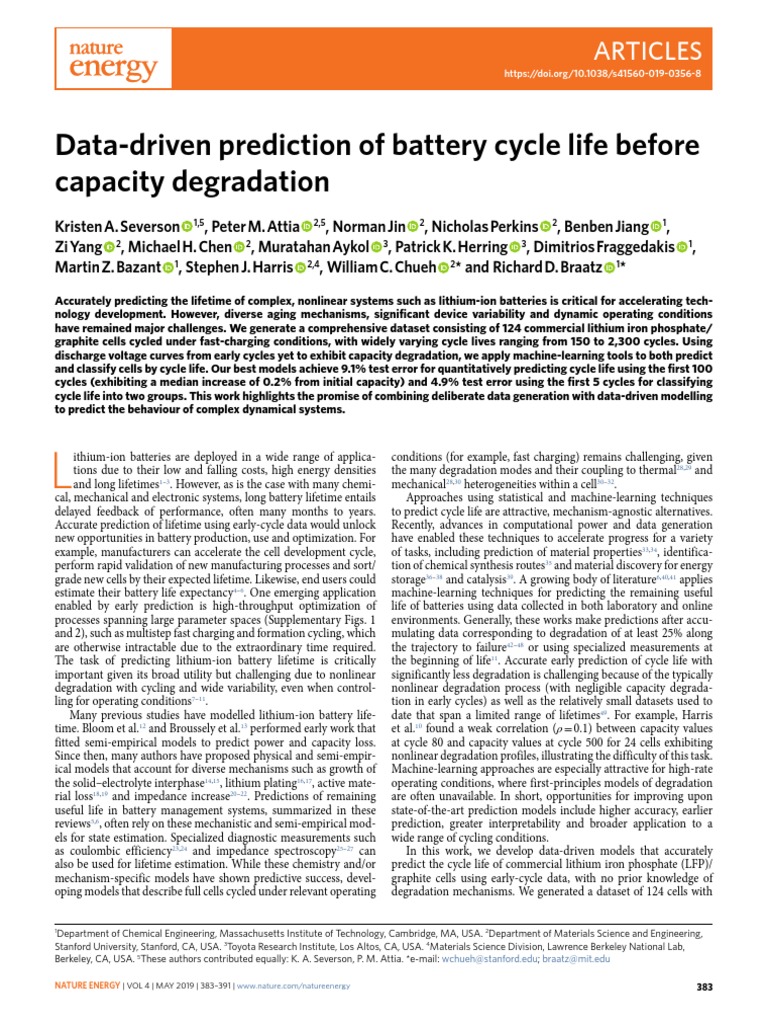 Data-Driven Prediction of Battery Cycle Life Before Capacity Degradation | PDF | Lithium Ion ...