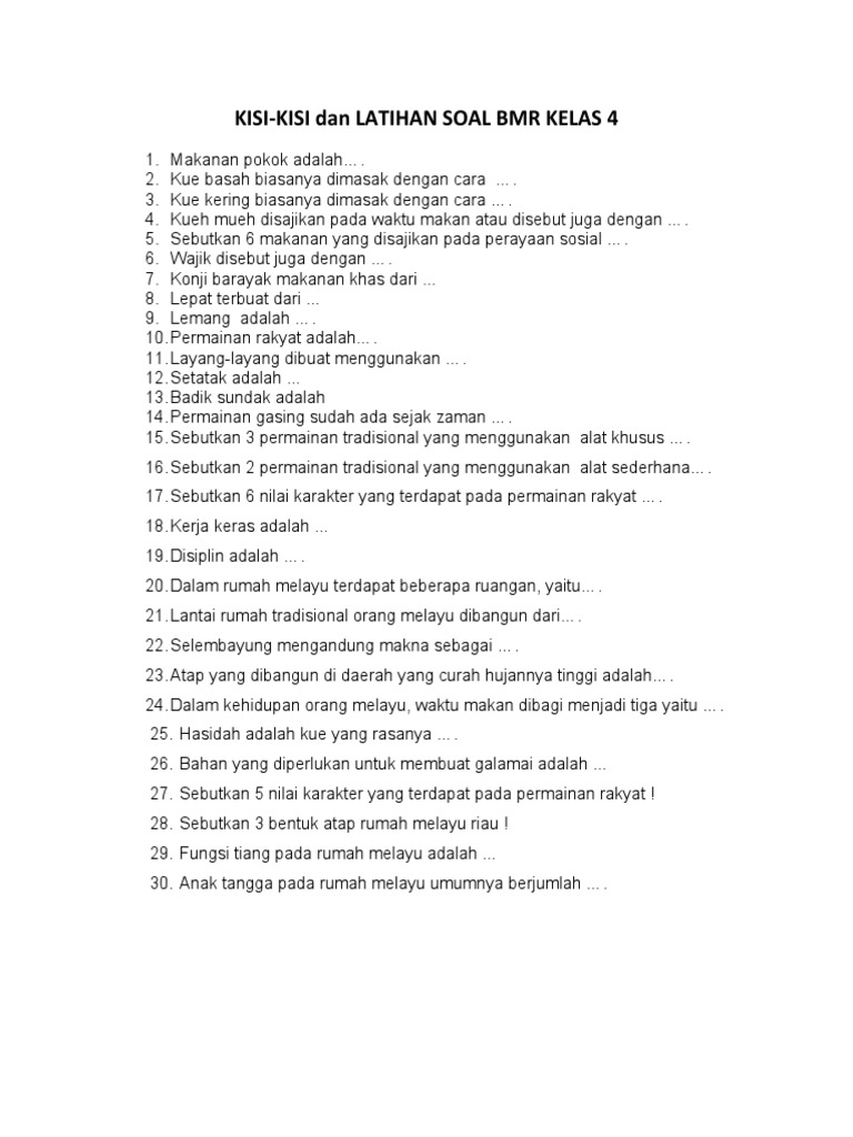 Kisi-Kisi Dan Latihan Soal BMR Kelas 4 | PDF
