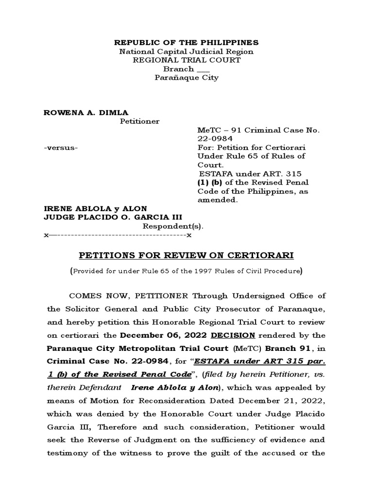 Petition For Certiorari Final 01 | PDF | Certiorari | Trials