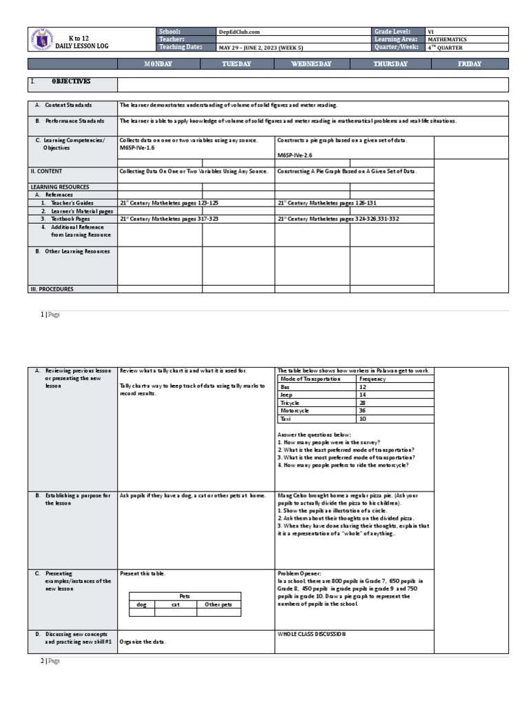 DLL - Mathematics 6 - Q4 - W5 | PDF | Pet | Thought