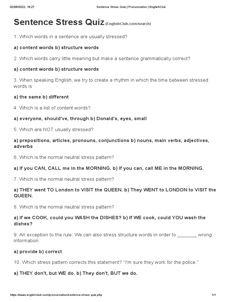 2 Sentence Stress Quiz - Pronunciation - EnglishClub | PDF | Career ...