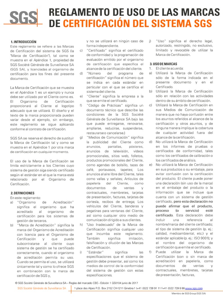 Reglamento de Uso de Marca de Certificación de SGS | PDF