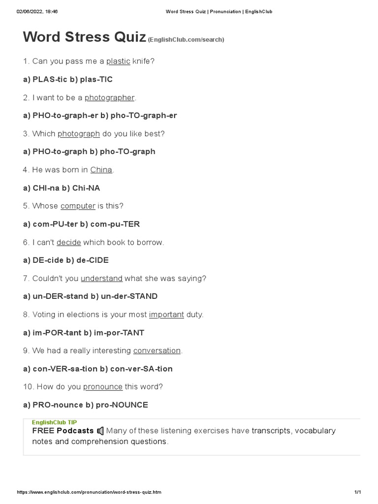1 Word Stress Quiz - Pronunciation - EnglishClub | PDF