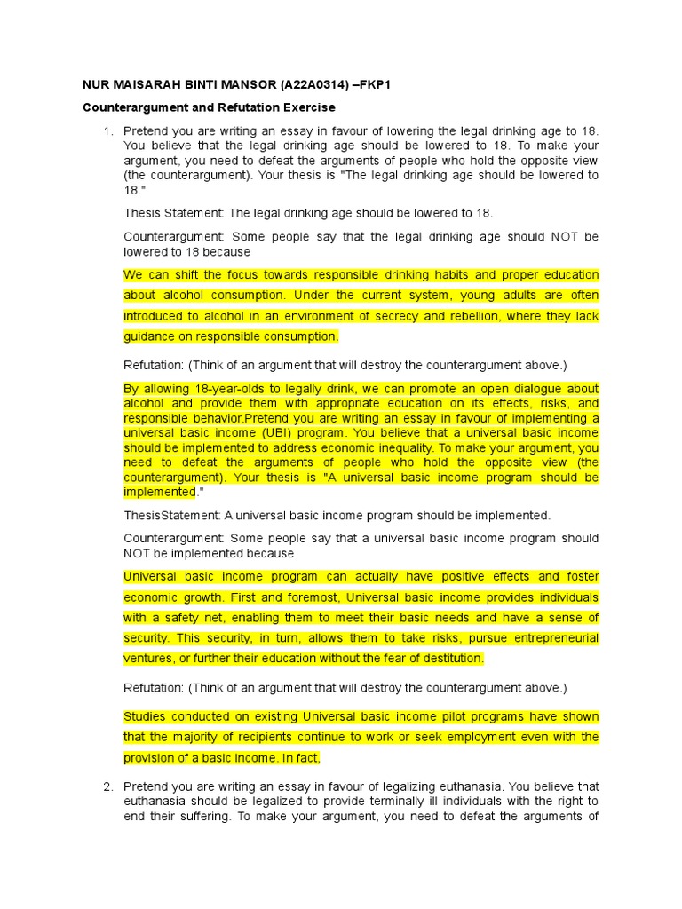 Counterargument Refutation Exercise 1 | PDF