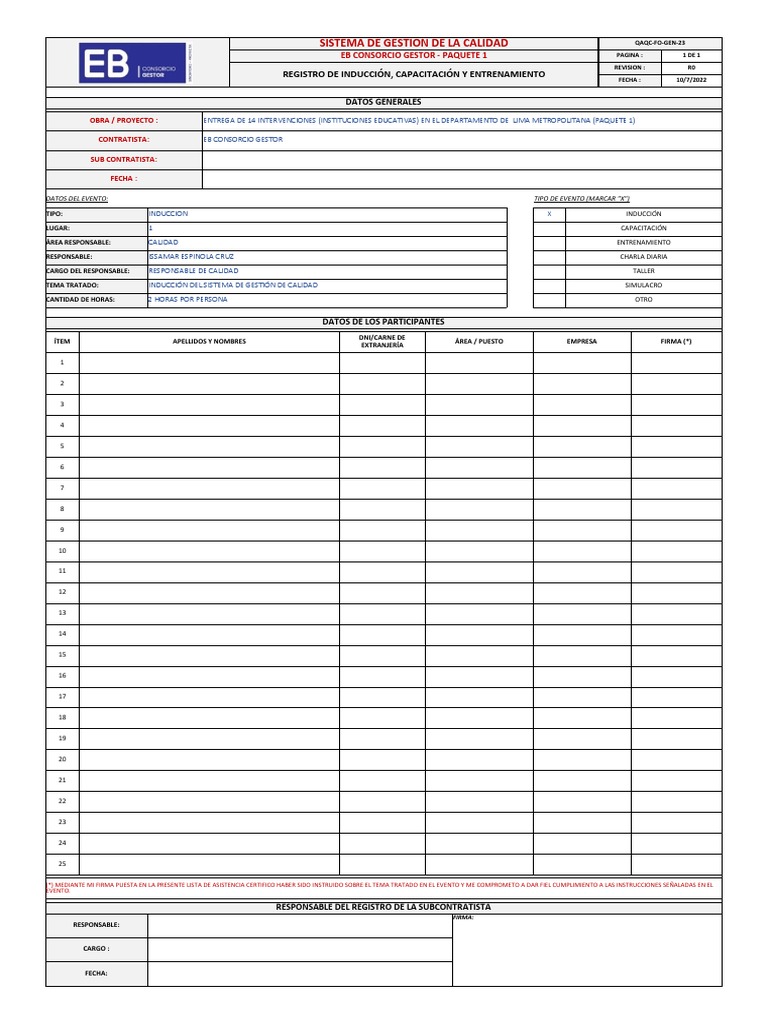 Qaqc-Fo-Gen-23 Registro de Inducción | PDF Qaqc-Fo-Gen-23 Registro de Inducción | PDF