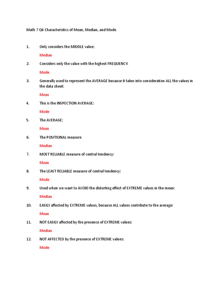 Characteristics of Mean Median Mode | PDF