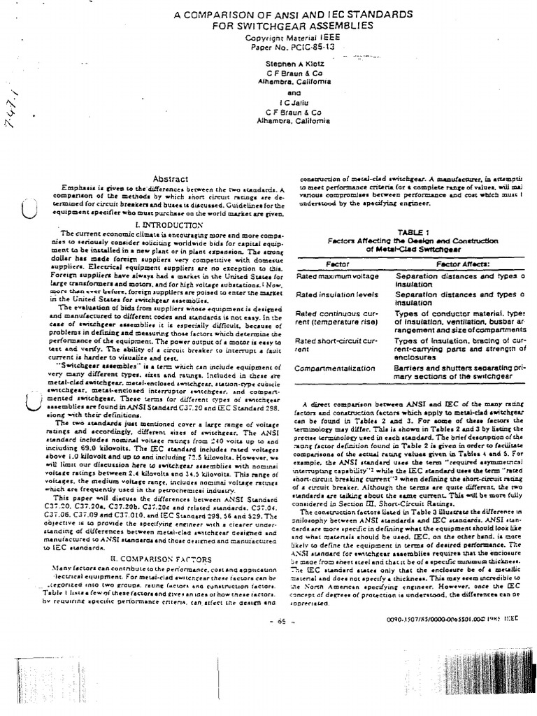 Compare Ansi and Iec For SWGR | PDF