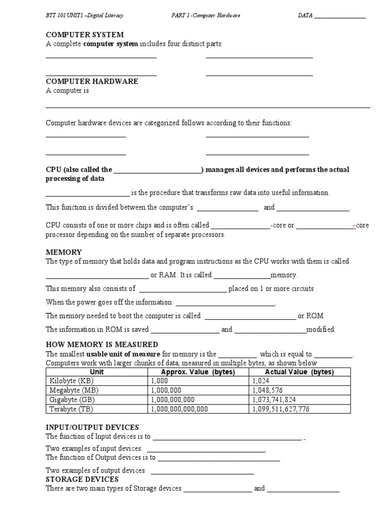 7 Computer System Worksheets | PDF