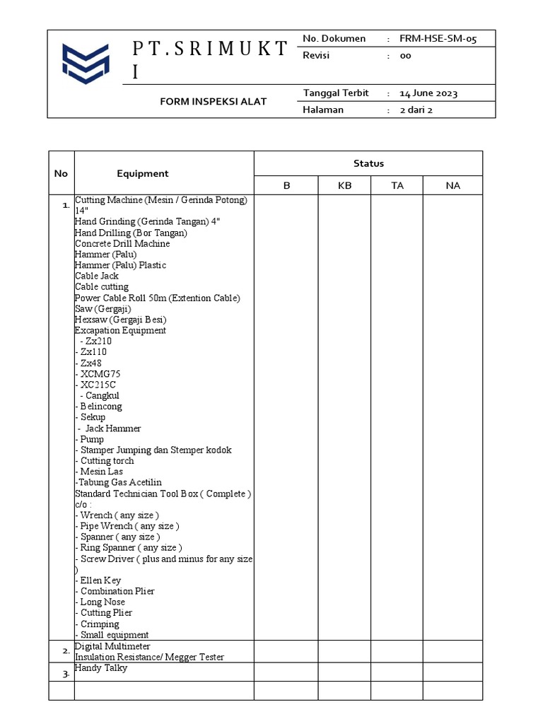 Form Inspeksi Alat | PDF