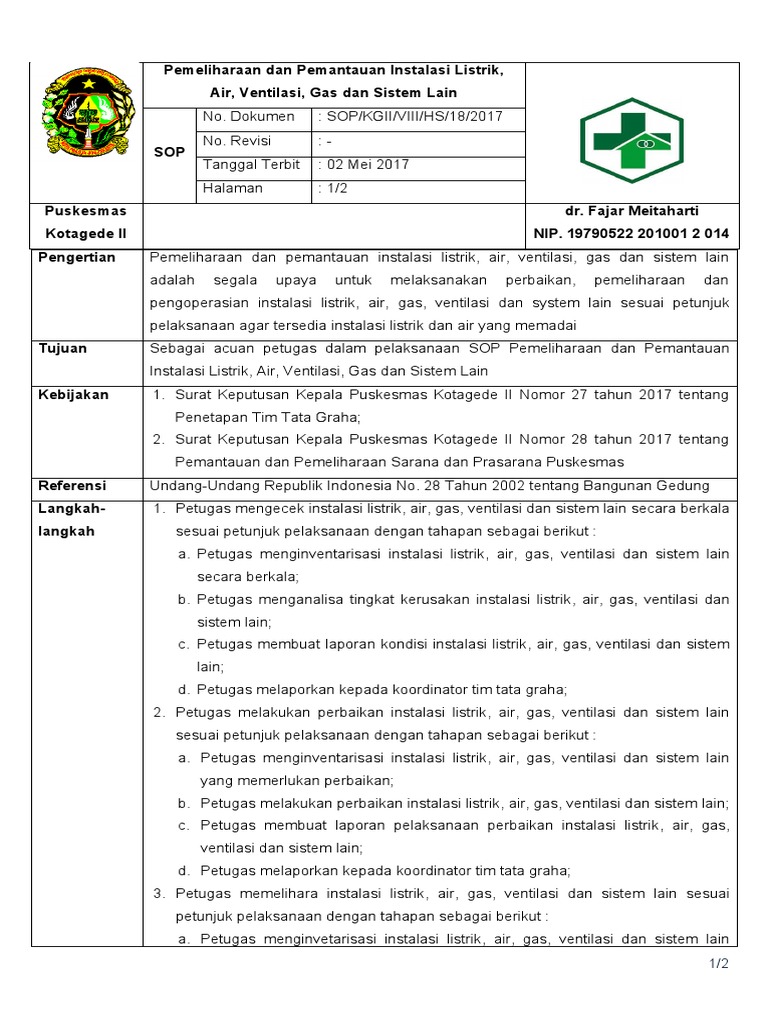 18 - 8.5.1.2 SOP Pemeliharaan Dan Pemantauan Instalasi Listrik, Air, Gas, Ventilasi Dan Sistem ...