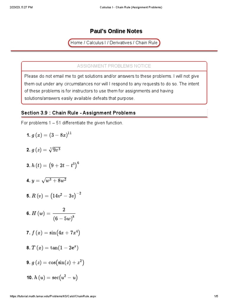 Calculus I Chain Rule Assignment Problems | PDF