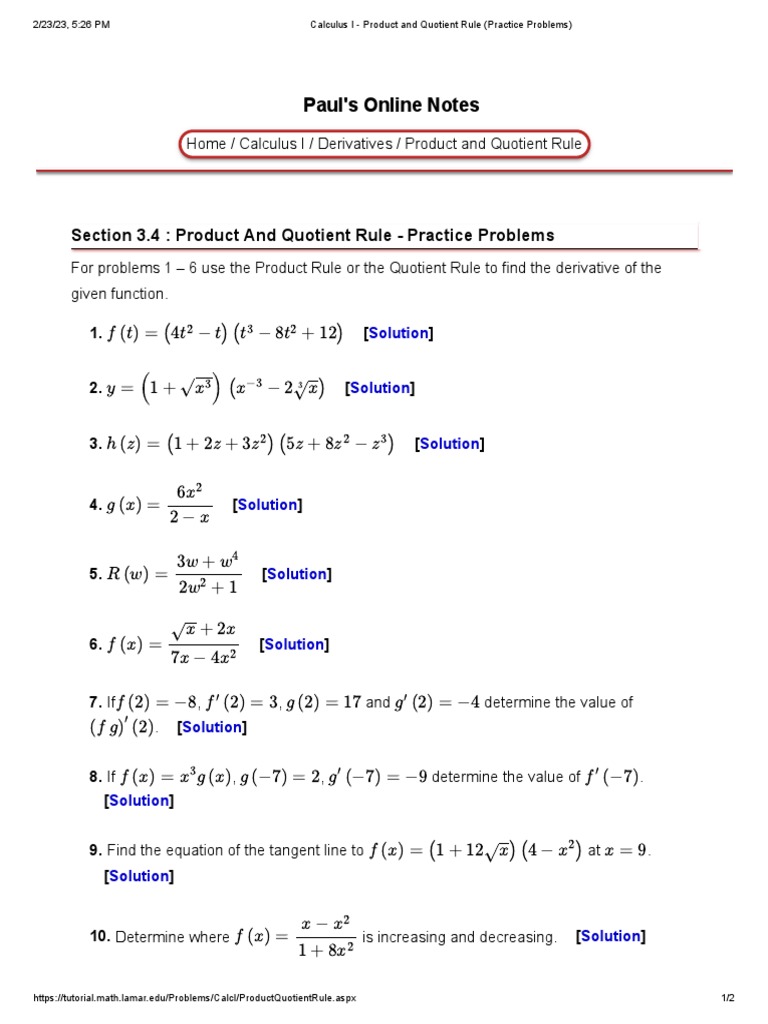 Calculus I Product And Quotient Rule Practice Problems Pdf Derivative Calculus