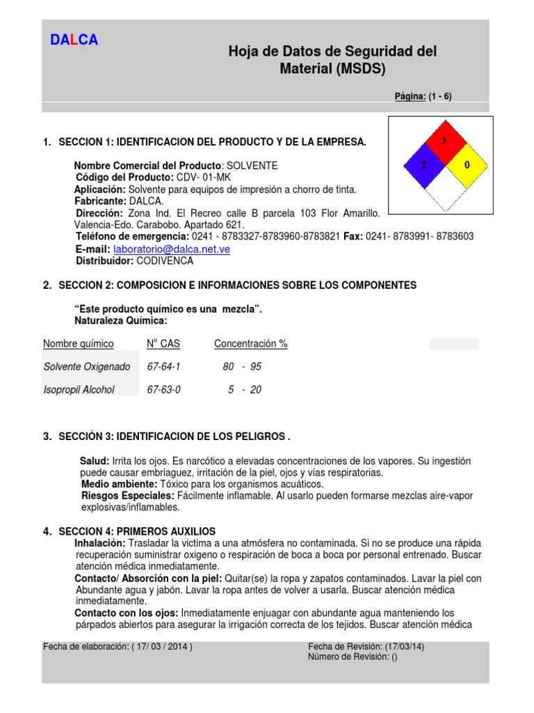 Ficha Tecnica - Msds Cdv-01-Mk Solvente Rev 02-06-2014 | PDF | Agua | Residuos