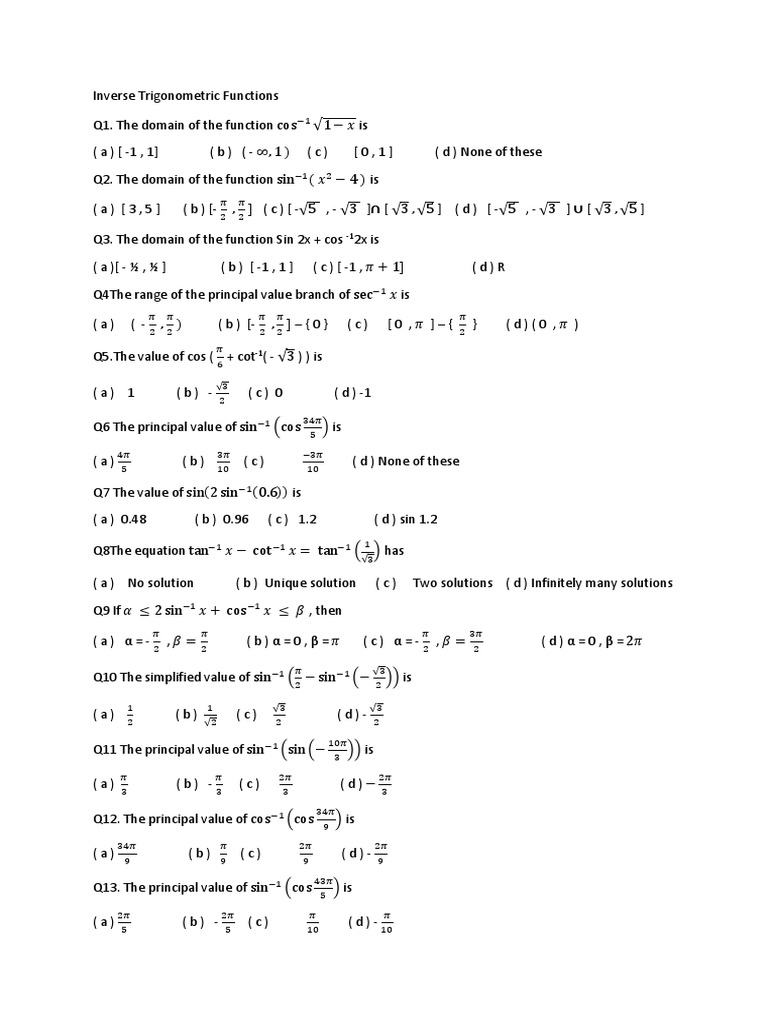 Inverse Trigonometric Functions MCQ | PDF | Function (Mathematics ...