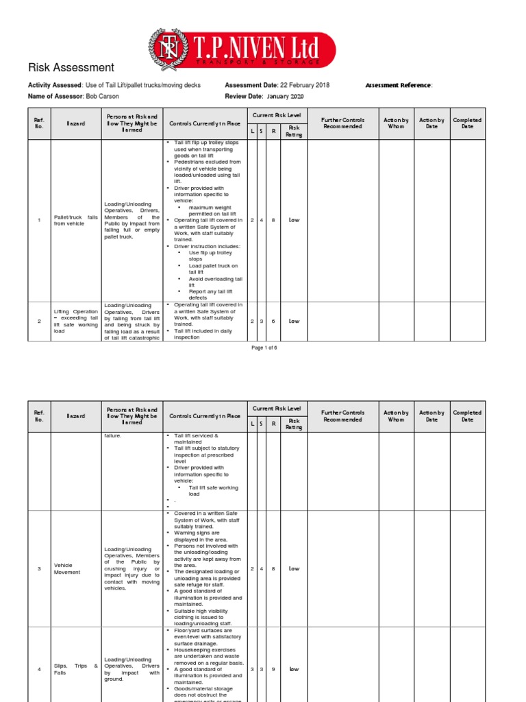 tail-lift-pallet-truck-risk-assessment | PDF | Risk | Risk Management