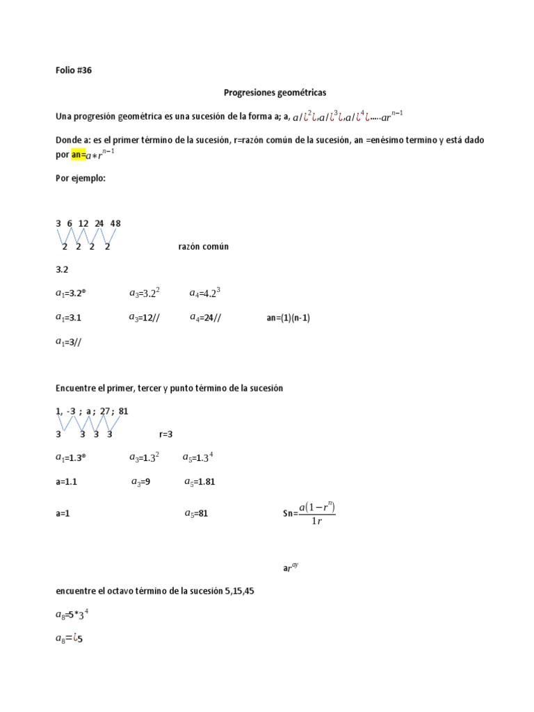 A/ A/ A/ Ar A R: Folio #36 Progresiones Geométricas | PDF | Sistema de ecuaciones lineales ...