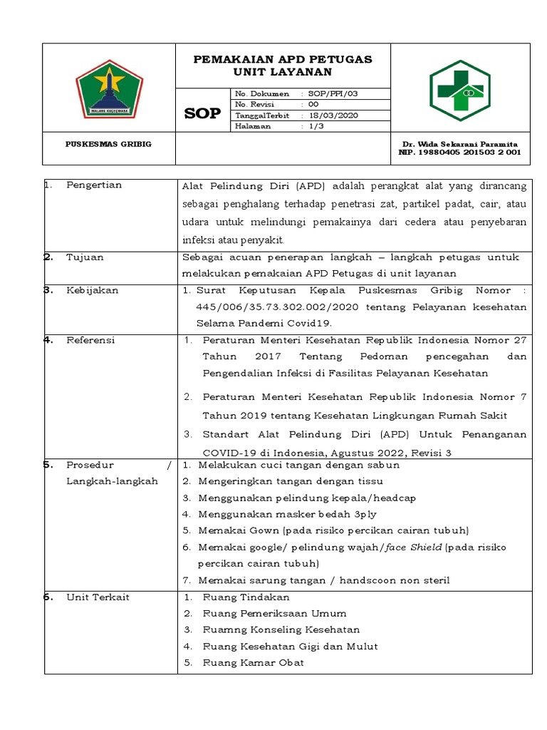 3 Sop Pemakaian Apd Petugas Poli Layanan | PDF