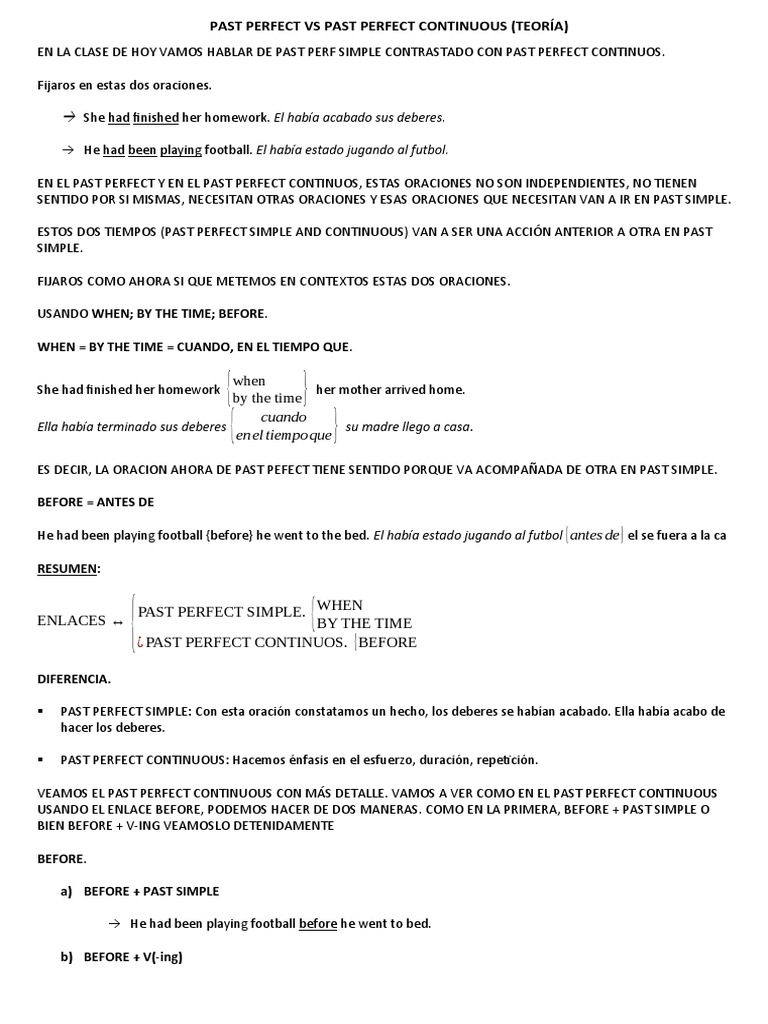 Past Perfect Simple VS Past Perfect Continuo Teoria | PDF