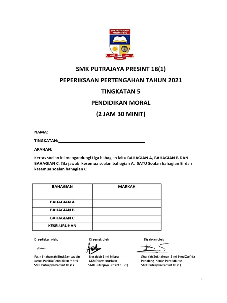 Soalan Pertengahan Tahun Pendidikan Moral Tingkatan 5 | PDF