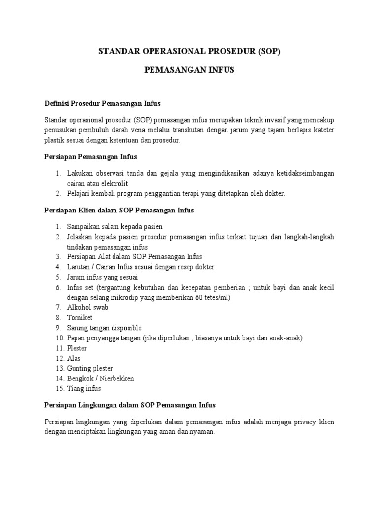 STANDAR OPERASIONAL PROSEDUR PEMASANGAN INFUS | PDF