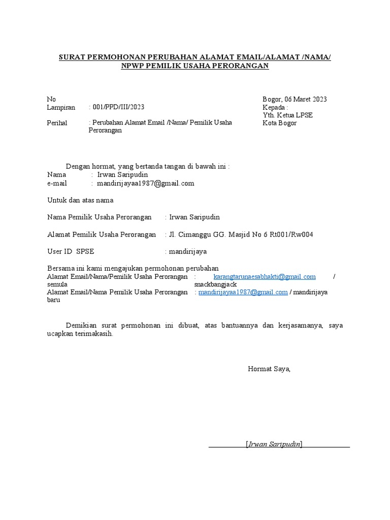 2.2.contoh Surat Permohonan Perubahan Data Perusahaan Pemilik Usaha ...